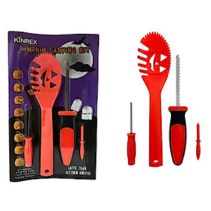 KINREX Pumpkin Carving Kit – Halloween Carve Tools Set For Kids & Adults, 8 Paper Stencils Patterns Designs Templates Jack o Lantern Decoration, Includes Small & Big Saw Tool, Scooper & Drill