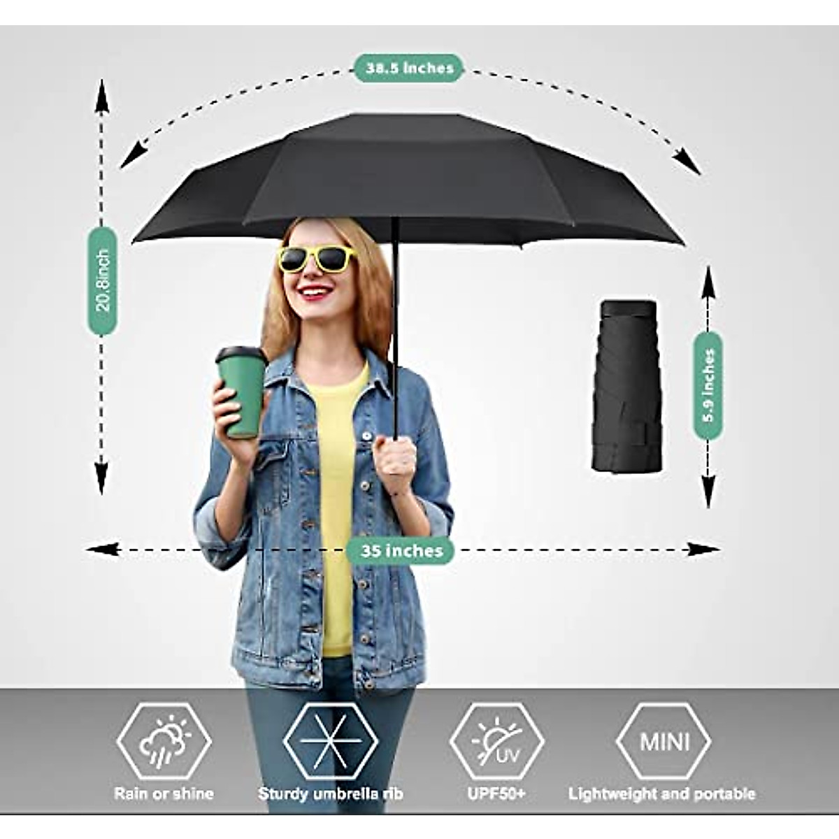 LEAGERA Mini Umbrella For Purse - Canopy Diameter 35inch, Small Travel Umbrella Compact Mini Waterproof Umbrellas for Rain, Suitable for Women Purse and Pocket, Manual Opening