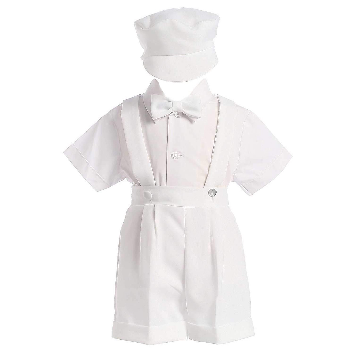 White Christening Baptism Suspenders and Short Set with Hat - Size 4T