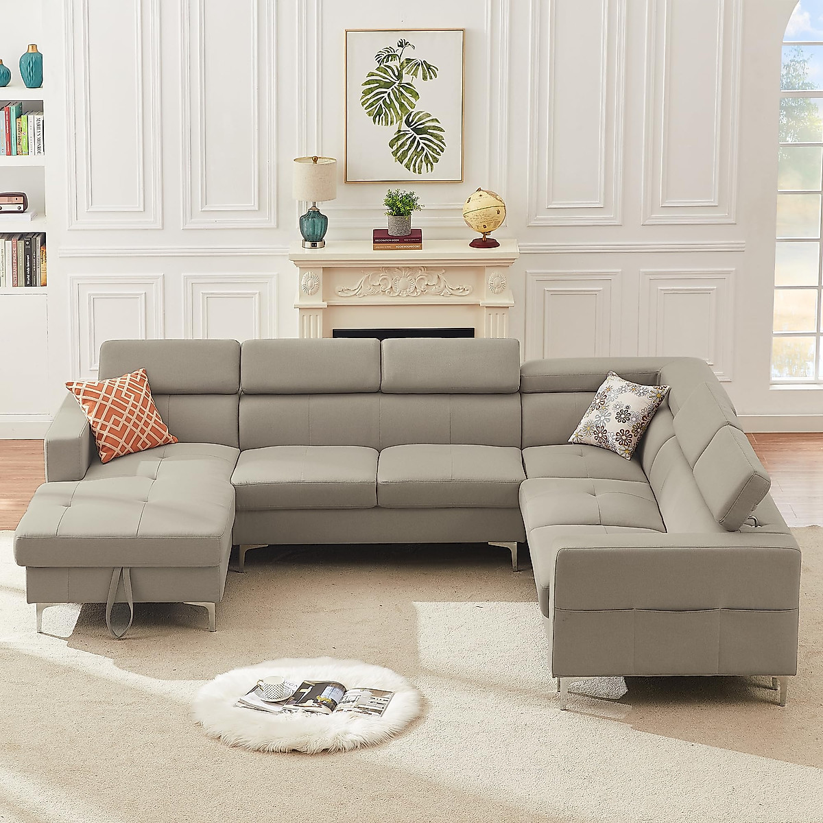 HAUSHECK 3 Piece Sofa U Shape Sectional Couches with Headrests Adjustment, Left Chaise with Storage, Linen Fabric, Living Room Furniture Set, 120" D x 94.5" W x 36.2" H, Smoke
