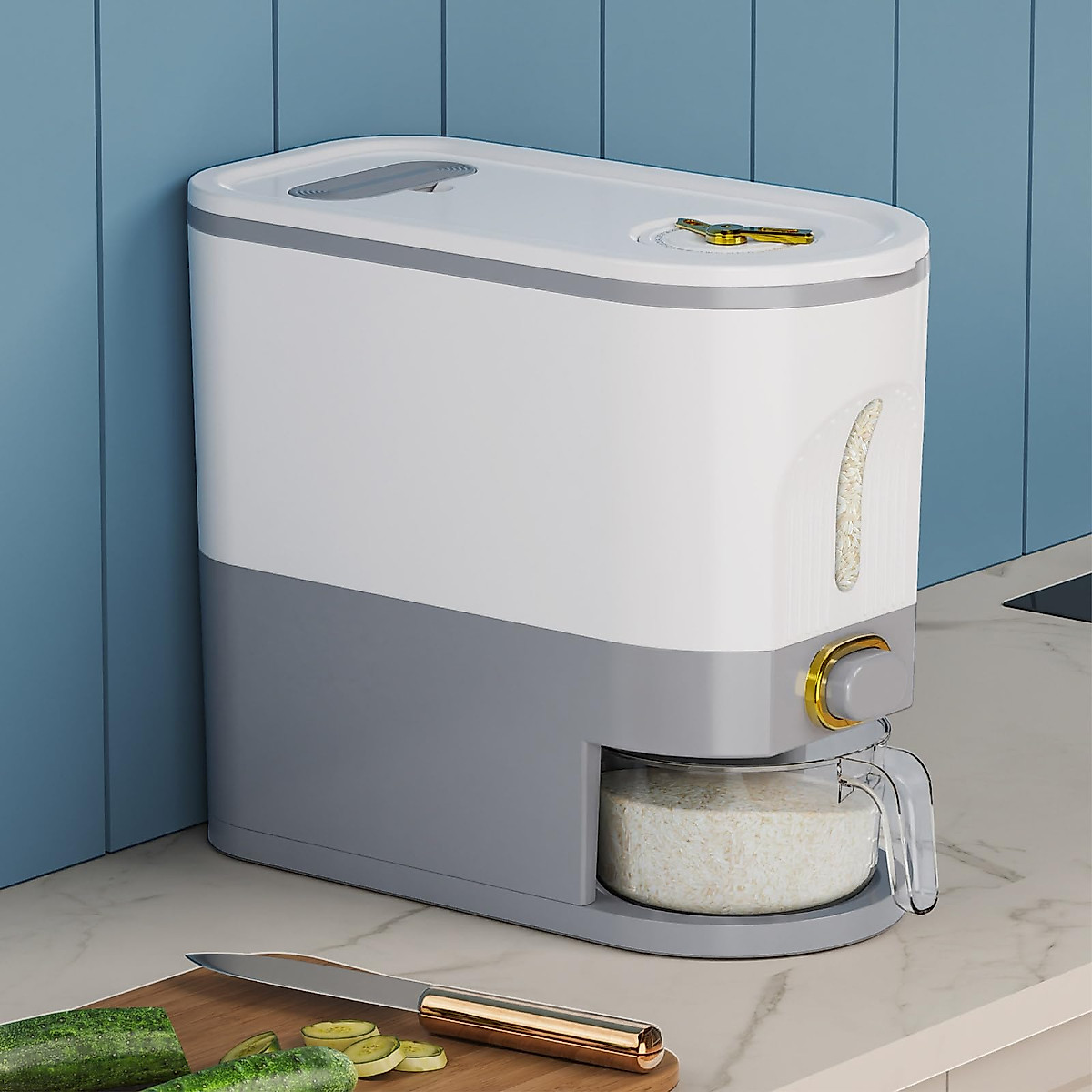 Lenwi 11 Lbs Rice Dispenser, Large Rice Container with Scale Measuring Cup, BPA-Free Household Rice Storage Container with Time Scale, for Home Kitchen Pantry Organization