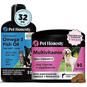 Pet Honesty Omega 3 Fish Oil & Multivitamin Max Strength Bundle: Wild Caught Omega 3 Supplement & 15-in-1 Dog Vitamins for Skin, Coat, and Health (32oz)