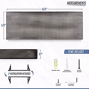Under.Stated Wall Mounted Wood Shelves – Floating Solid Wood Shelf with Rustic Silver Painted Brackets, Set of 2 (Rustic Gray)