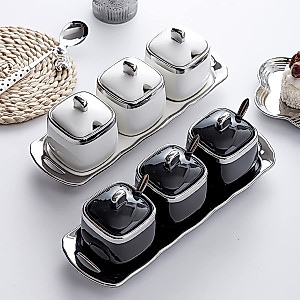 Fvstar Ceramic Sugar Bowls 3pcs Porcelain Seasoning Pots with Spoons,Lid and Tray Kitchen Spice Canister Jar Set Countertop Condiment Container for Sugar,Pepper,Coffee,Spice,Salt (White)