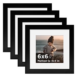 KINLINK 6x6 Picture Frame Black Set of 4, Wooden Square Photo Frames Matted 4x4 with Plexiglass for 4x4 with Mat or 6x6 without Mat for Table and Wall Display