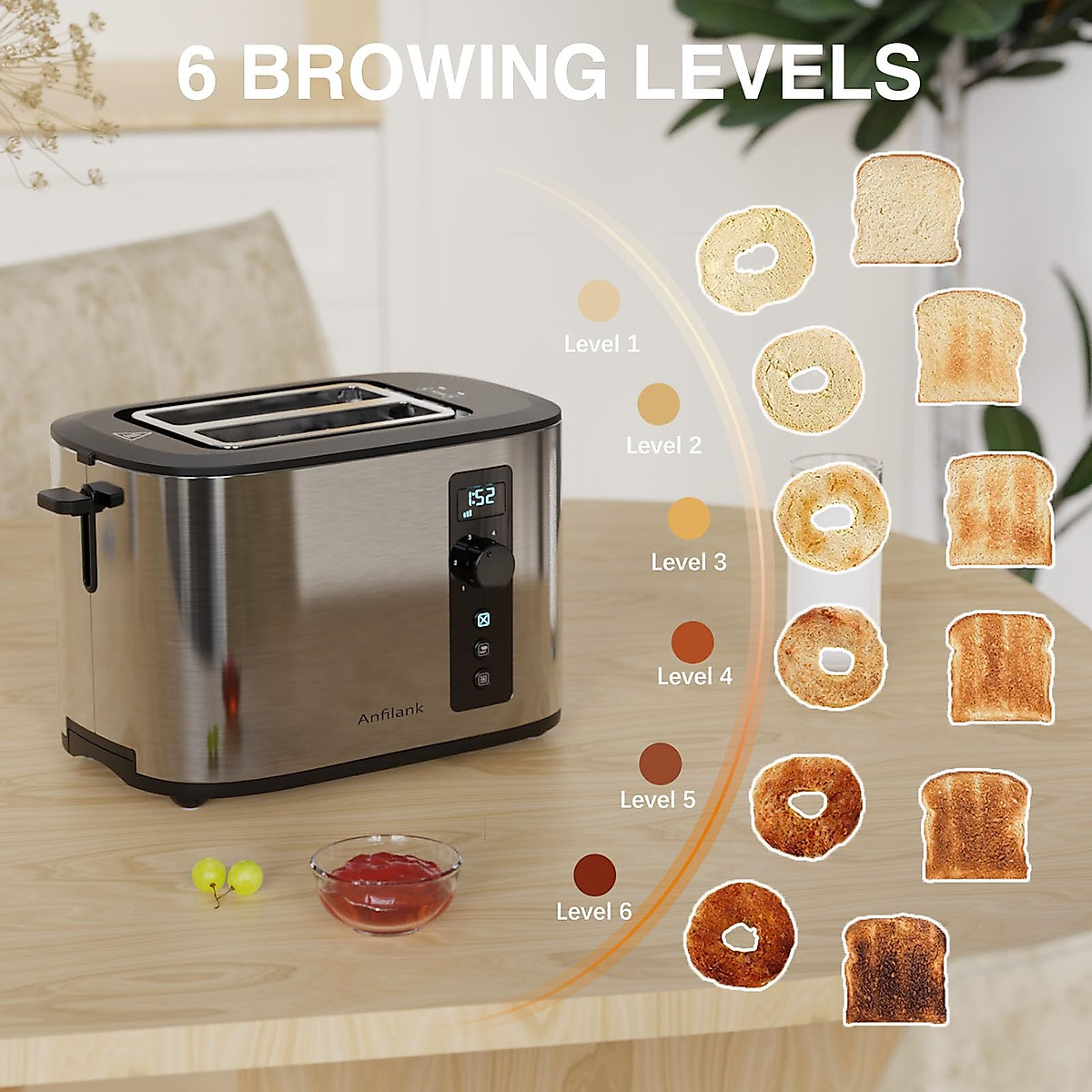 Anfilank Extra Wide Slot 2-Slice Toaster with Digital Countdown Timer, Stainless Steel, 6 Browning Settings, Built-in Warming Rack, Cancel/Bagel/Defrost Functions