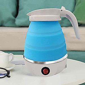 Foldable Portable Electric Kettle with Food Grade Silicone, 9 Mins Fast Water Boiling Tea Pot Coffee Pot for Camping or Travel, Collapsible Kettle with Separable Power Cord 110V US Plug 600ML Blue