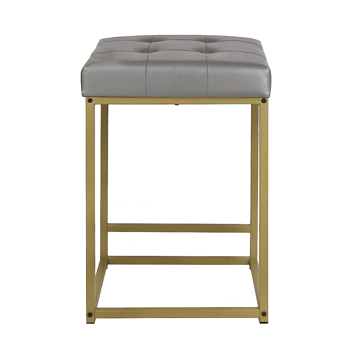 GIA 24-Inch Counter Height Square Metal Stool with Footrest and Tufted Gray Vegan Leather Upholstery, Gold Frame, Qty of 1