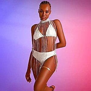 Fstrend Women Rhinestone Choker Long Tassel Necklaces Sparkly Crystal Collar Necklace Fashion Statement Party Festival Body Accessories Jewelry Chain