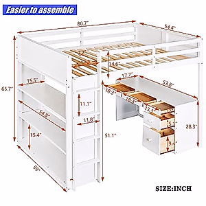 ZORQ Upgraded Version & Stronger Solid Wood Loft Bed Full Size with Storage Shelves and Drawers, More Stable Thickened Wooden Full Size Loft Bed Frame with Desk Underneath (Easier To Assemble) (White)