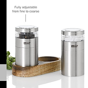 Adhoc Menage Molto Pepper and Salt Mills - Adjustable Salt & Pepper Grinders with a Wooden Carrying Tray - Refillable Spice Tools - Hand Wash Kitchen Tool - Stainless Steel, 5"