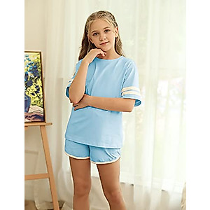 simtuor Girls Summer 2 Piece Outfit Crew Neck Striped Tops Elastic Waist Short Sets with Pockets Blue 6-18 Years