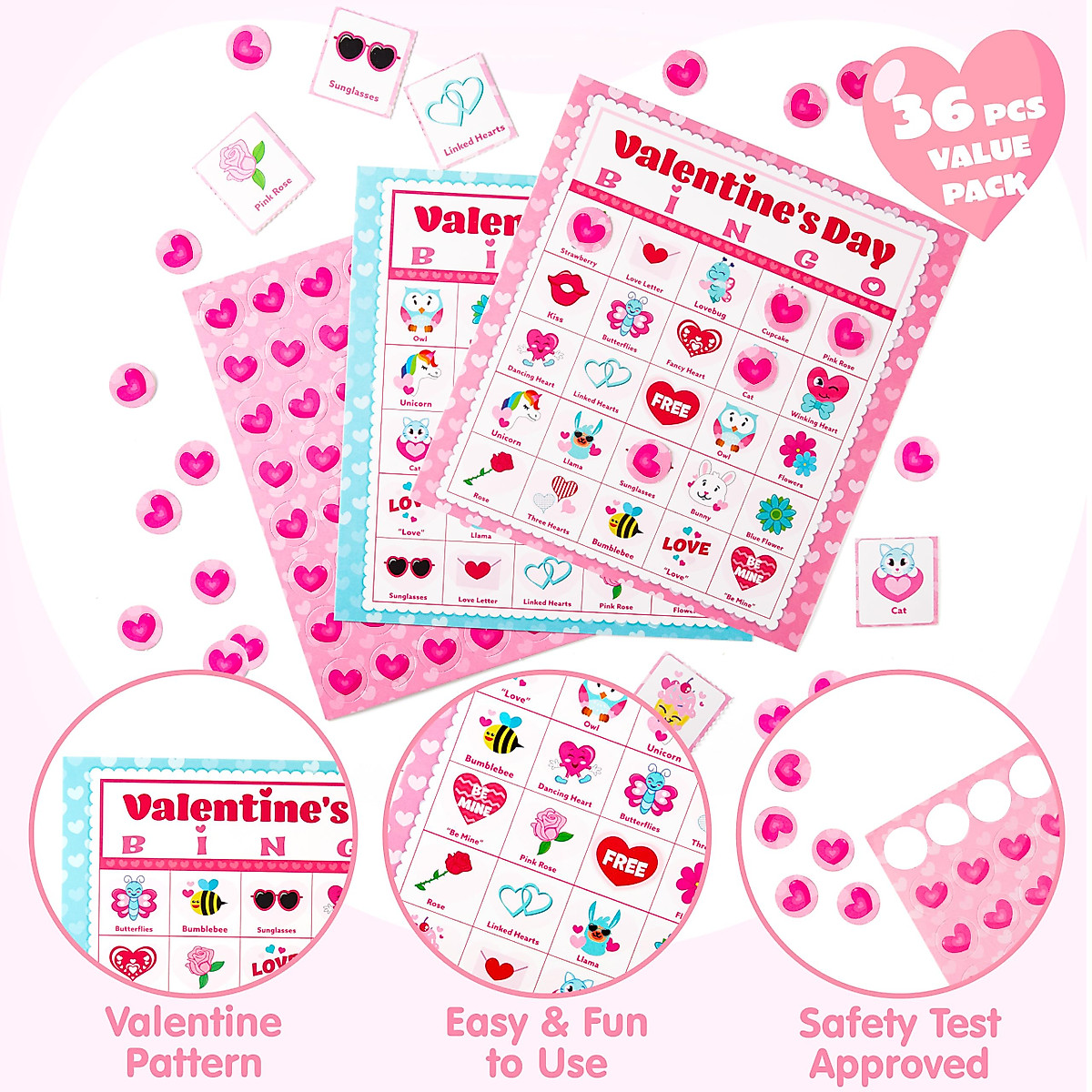 JOYIN 36 Players Valentines Day Bingo Cards (5x5) for Kids School Classroom Exchange Gift Rewards, Valentine’s Fun Party Games, Indoor Family Activities