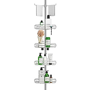 ALLZONE Rustproof Shower Caddy Corner for Bathroom,Bathtub Storage Organizer for Shampoo Accessories,4 Tier Adjustable Shelves with Tension Pole, 56 to 114 Inch, Silver