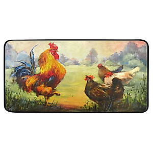 YiGee Vintage Rooster and Chickens Kitchen Rug Mat Runner, Washable Waterproof Anti Fatigue Non Slip Memory Foam Rubber Backing Comfort Standing Rug for Kitchen Floor Home Office Laundry 39x20 Inches