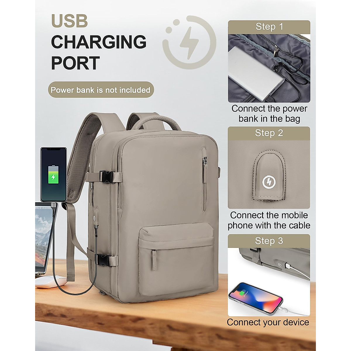 Large Travel Laptop Backpack, Expandable Flight Approved Backpack, Carry on Backpack for Women, Waterproof 17inch Laptop Hiking Backpack with Shoe Compartment, Grey Brown