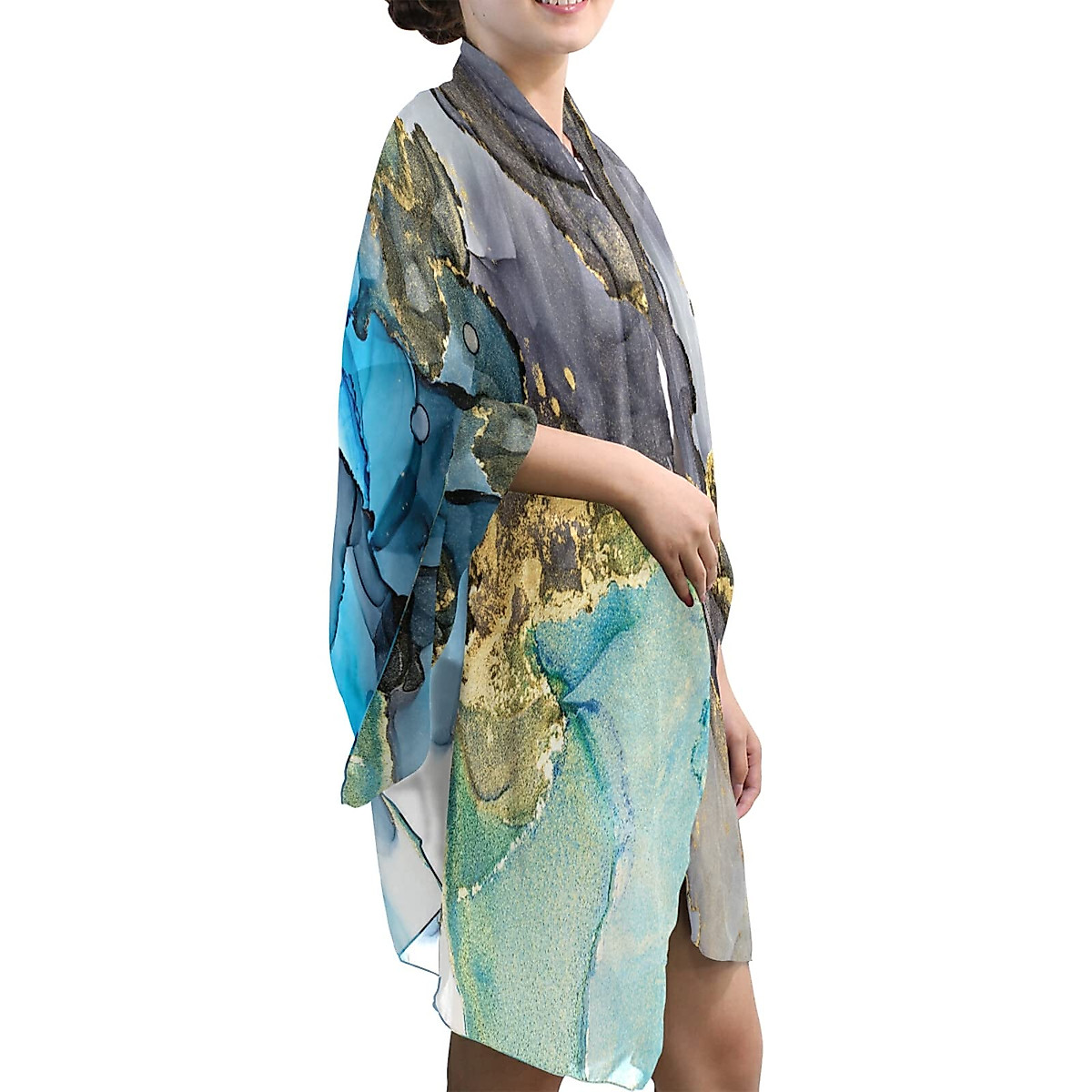 Mixed Blue, Grey, Golden Alcohol Ink Abstract Marble Texture Women Long Silk Scarf, Shawl Chiffon Large Stole Headscarf, Lightweight Sunscreen Satin Scarves Wraps for Wedding Party Gift