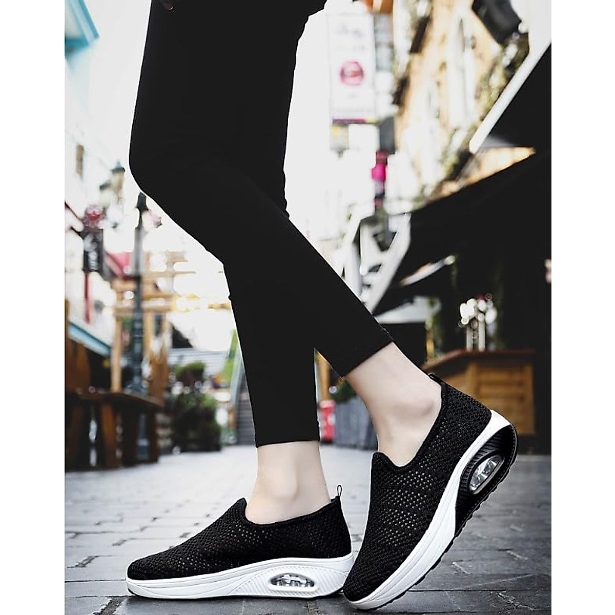 Cubicbee Women's Platform Walking Shoes Breathable Mesh Air Cushion Sneakers,Orthopedic Diabetic Walking Shoes,Casual Comfort Slip-On Beach Shoes (Black-1,9)