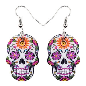 NEWEI Cute Halloween Sugar Skull Earrings Dangle Acrylic Skull Decor Gifts for Women Festival Charms (Purple)