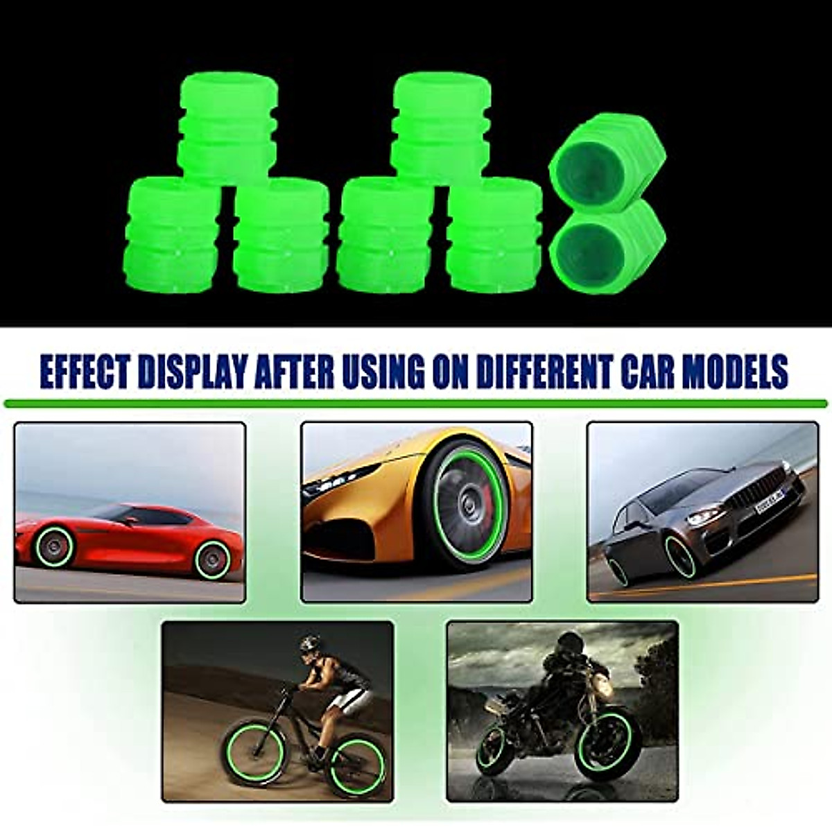 8 Pack Luminous Tire Valve Stem Caps,Fluorescent Car Tire Valve Cap Set, Corrosion Resistant, Universal Stem Covers Glowing Tire Valve Caps for Cars Trucks Motorcycles SUVs and Bikes (Green)