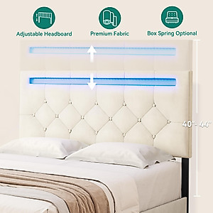 YITAHOME Beige Queen Bed Frame, LED Platform Bed with Wooden Slat, Adjustable Upholstered Headboard Bed with 4 Storage Drawers, No Box Spring Required, Easy Assembly