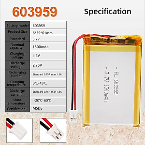 YDL 3.7V 1500mAh 603959 Lipo battery Rechargeable Lithium Polymer ion Battery Pack with JST Connector