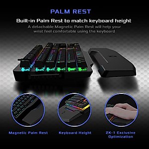 WIZMAX Keyboard ZK1 Professional Wired Mechanical Gaming Keyboard, Kailh Box Linear Switches, RGB, Detachable Magnetic Palm Rest, Multimedia Keys, Volume Control Wheel, Aluminum Top (104 Keys, Black)