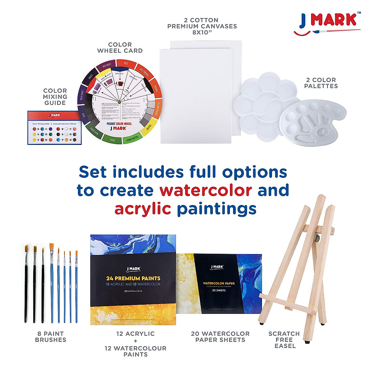 J MARK Acrylic & Watercolor Painting Kit – Complete Painting Set with Watercolor Kit, Acrylic & Watercolor Paint Tubes, Wood Easel, Watercolor Paper, Canvas Painting Kit & More