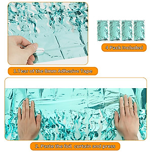 4 Pack 3.3 ft x 6.6 ft Wavy Aqua Teal Blue Tinsel Foil Fringe Curtains Backdrop - Wave Metallic Foil Curtains for Wedding Girl Princess Bachelorette Euphoria Theme Party Decoration