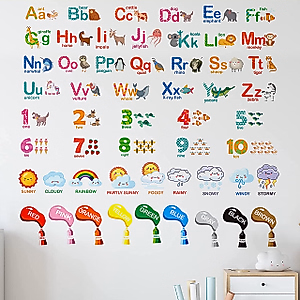 Alphabet Numbers Educational Wall Decal Colorful Wall Decals ABC Alphabet Wall Stickers Weather Color Wall Stickers Peel and Stick Classroom Wall Decals Kids Playroom Nursery Bedroom Decorations