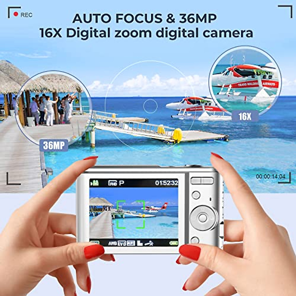 TOBERTO HD 1080P Digital Camera, 36MP 16X Digital Zoom Vlogging Mini Camera with LCD, Digital Point and Shoot Camera Video Camera, for Kids Students Beginners Beauty Face (Silver)