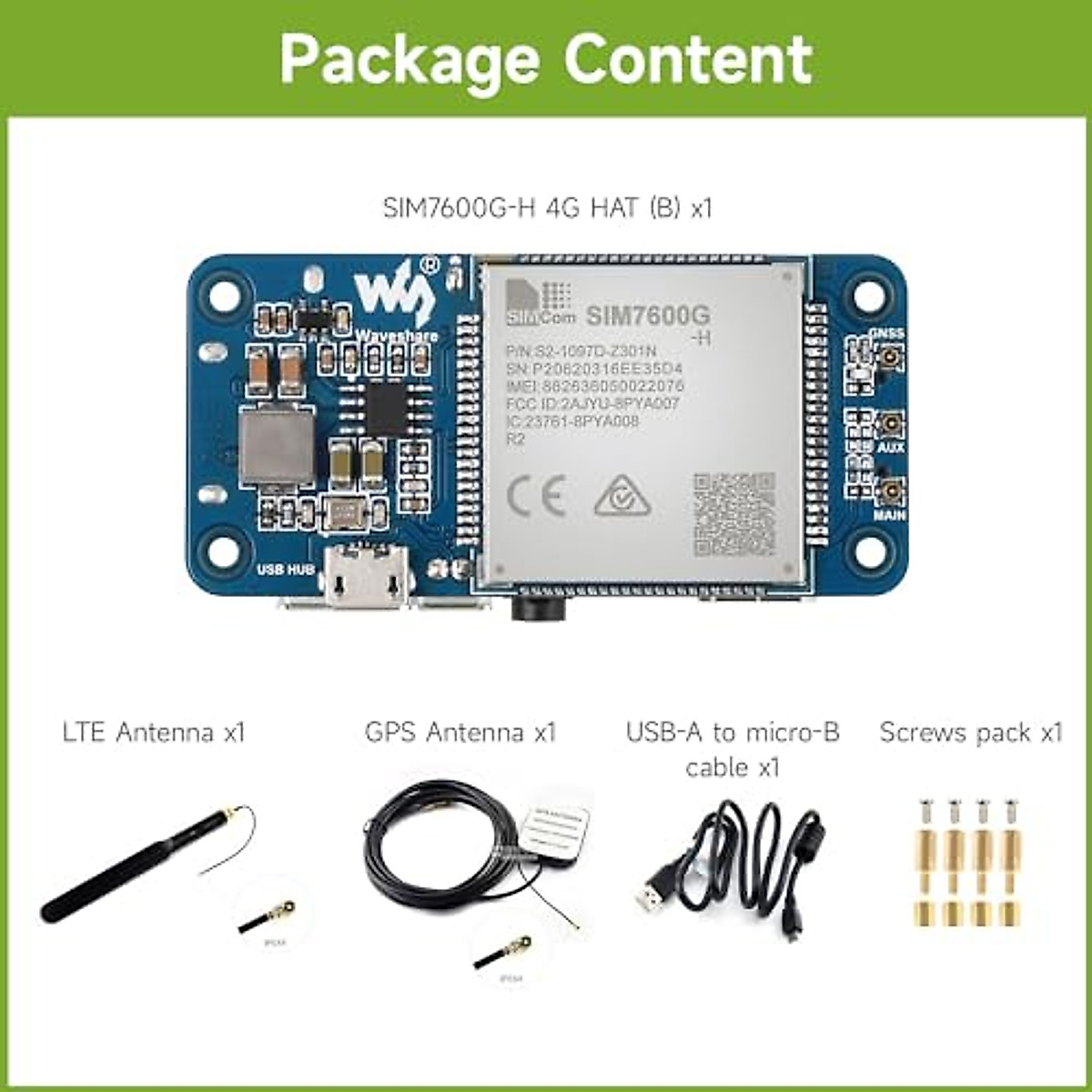 Waveshare SIM7600G-H 4G HAT (B) for Raspberry Pi Supports LTE Cat-4 4G/3G/2G GNSS Positioning Global Band