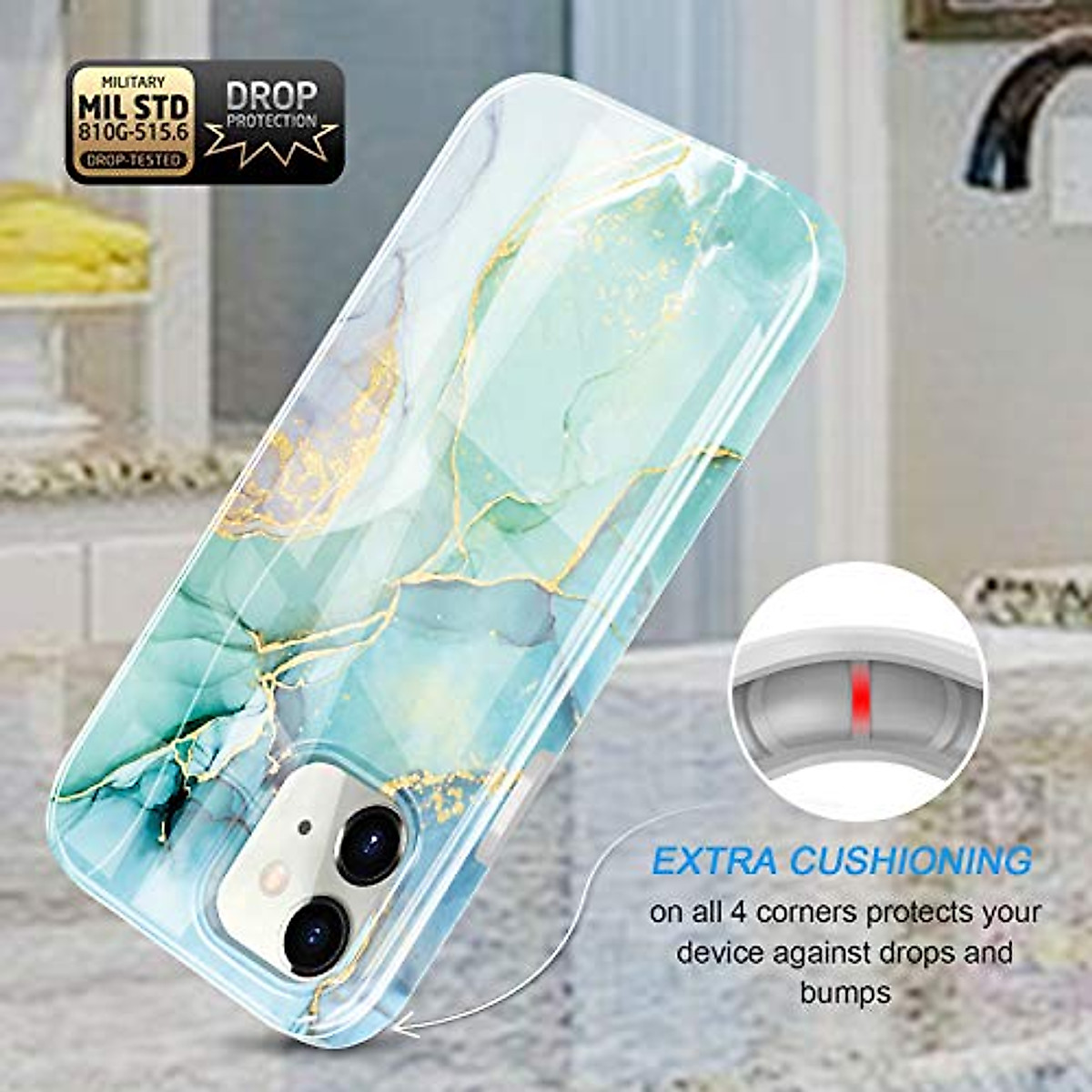 luolnh Gold Glitter Sparkle Case Compatible with iPhone 12 and iPhone 12 Pro 6.1 Inch (2020 Release) Marble Design Shockproof Soft Silicone Rubber TPU Bumper Cover Skin Phone Case-Abstract Mint