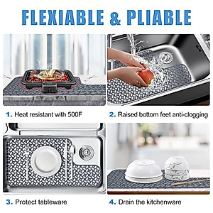 JUSTOGO Silicone Sink Mat, Left & Right Drain Sink Protectors for Kitchen Sink Grid Accessory, 1 PCS Non-slip Sink Mats for Bottom of Kitchen Farmhouse Stainless Steel Porcelain Sink (28.2''x 14.2'')