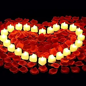 2000 Pieces Artificial Rose Petals with 24 Pieces LED Tea Lights Candles, Cridoz Romantic Decorations Special Night Set for Romantic Night, Valentine's Day, Wedding Anniversary or Table Décor