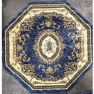 Traditional Octagon Oriental Floral Aubusson Area Rug Persian Light Blue Burgundy Beige Design 602 (4 Feet X 4 Feet)