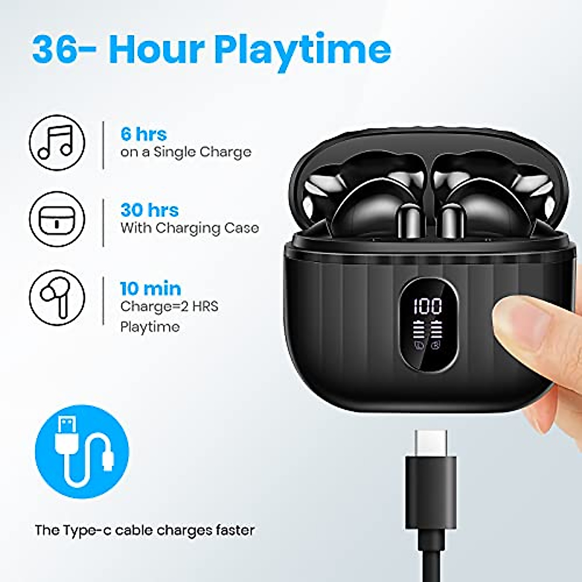 True Wireless Earbuds,Bluetooth Earbuds IPX5 Waterproof, Touch Control,HiFi Stereo in-Ear Headphones,36H Playtime with Fast Charging Case, Suitable for Sports and Business (Black)