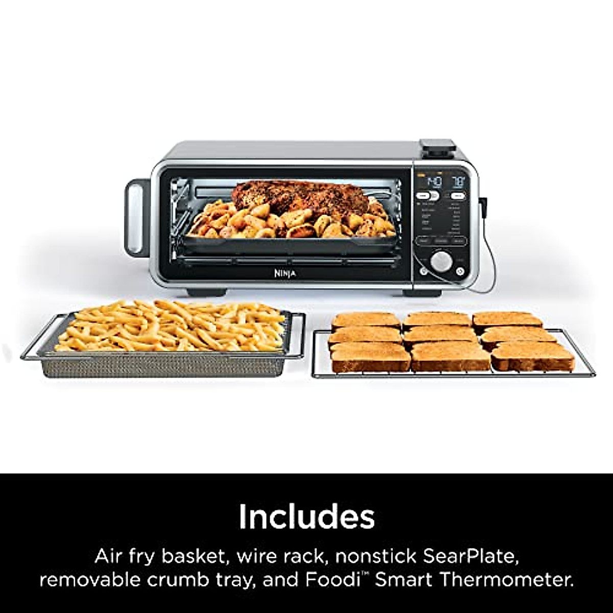 Ninja SP351 Foodi Smart 13-in-1 Dual Heat Air Fry Countertop Oven, Dehydrate, Reheat, Smart Thermometer, 1800-watts, Silver
