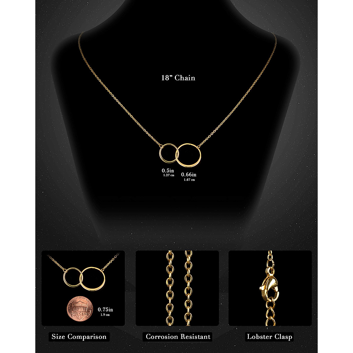 Suavell Sister Necklace - Sterling Silver Interlocking Double Circle Necklace - Birthday Gift for My Big or Little Sister - Sister Gifts for 2 - Maid of Honor Gifts From the Bride - 18k Gold Plating