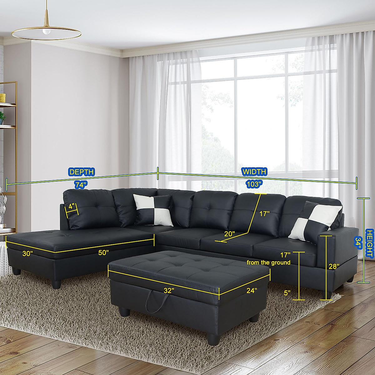 FANYE Linen Upholstery 82" Sectional w/Reversible Storage Chaise, L-Shaped 3-Seaters Corner Pull Out Sleeper Bed for Home Apartment Office Living Room Furniture Sets, Dark Gray Sofa & Couch, Black 1