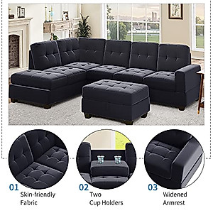 FANYE L-Shaped Oversized Corner Reversible Sectional Sofa Couch W/Chaise & Storage Ottoman,Modern 6 Seaters Velvet Upholstery Sofa&Couch with Cupholders for Home Office Apartment Living Room
