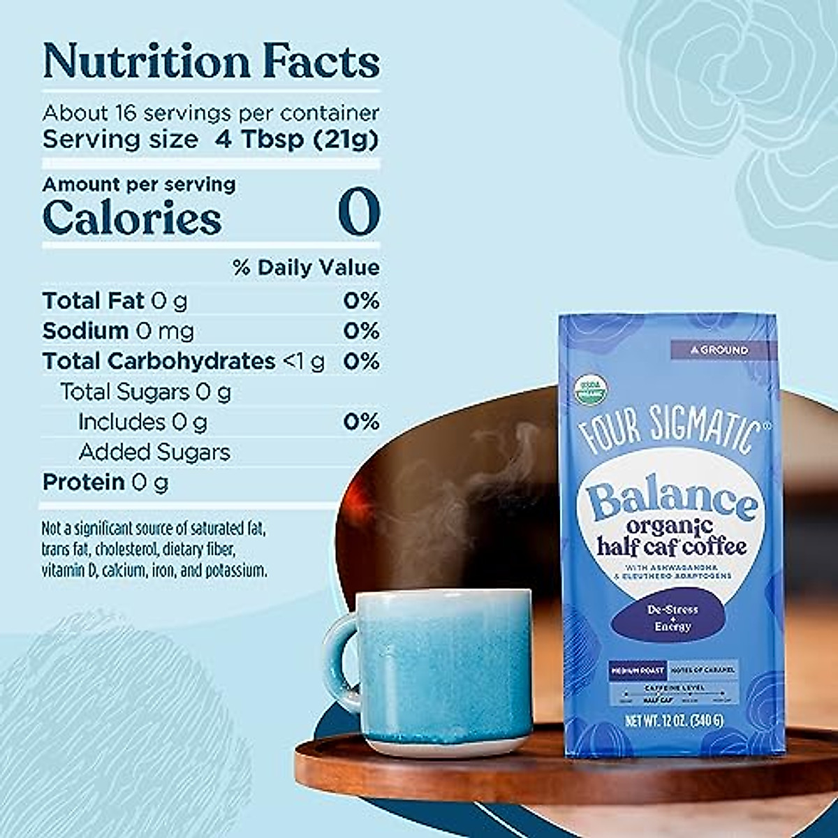 Four Sigmatic Organic Balance Adaptogen Ground Coffee | Medium Roast USDA Organic, Fair Trade Coffee with Ashwagandha, Chaga Mushroom, Eleuthero and Tulsi | Focus and Energy Boosting Coffee | 12oz Bag