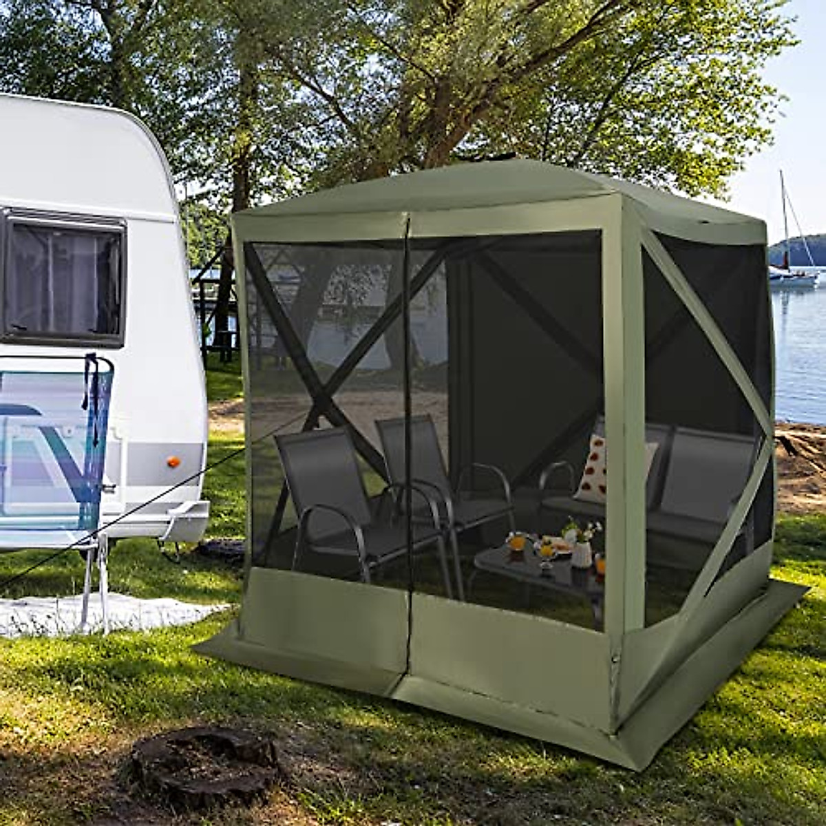 Tangkula 6.7 x 6.7 Ft Pop Up Gazebo with Netting, Portable Screen Tent with 4 Sided Mesh Walls, 2 Sunshade Cloths, UV 50+ Instant Canopy Shelter with Carry Bag for Camping, Lawn, Backyard (Green)