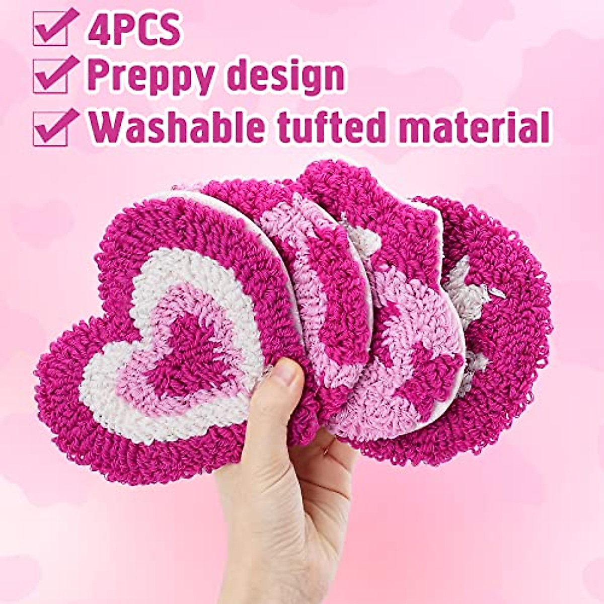 Preppy Tufted Coasters Smiling Face Cute Heart Pink Pastel Rug Funny Cup for Table Gifts Desk Coffee Room Kitchen Decor Drinks Housewarming Gift Y2K Aesthetic Stuff for Women Girls Students 4PCS