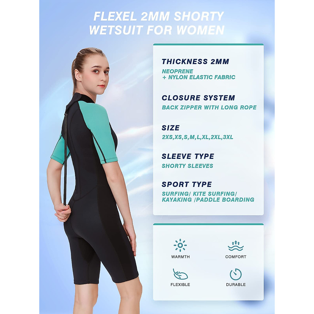 FLEXEL Wetsuit Shorty Women, 2mm Neoprene Short Sleeve Diving Suit Back Zip Keep Warm 1.5mm Female Shorties Wet Suits for Snorkeling Surfing Paddle Boarding (Blue 2mm, Large)