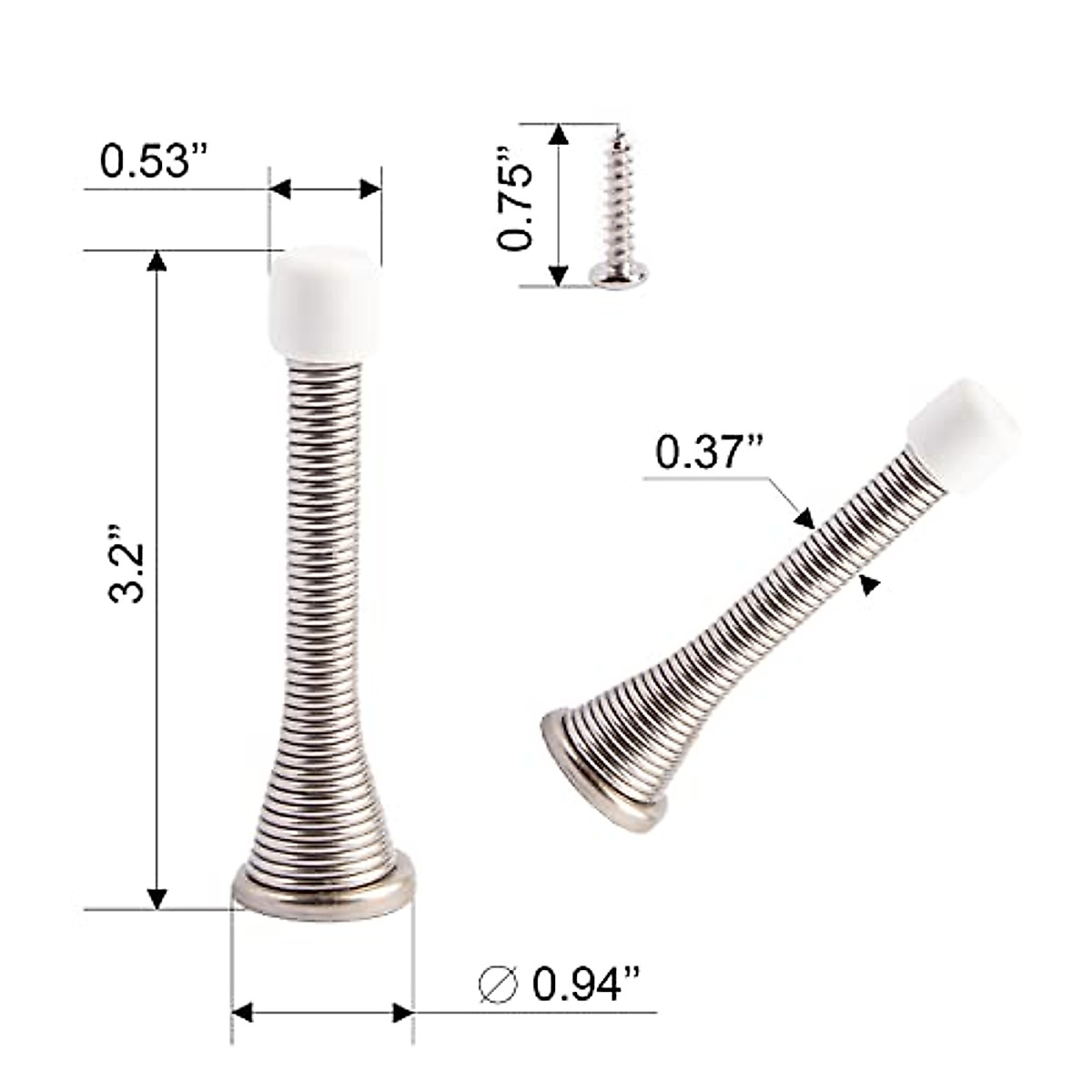 Spring Door Stopper with Rubber Bumper - Pack of 4 Door Knob Wall Protector 3 ¼” Flexible Heavy Duty Door Stop – Low Mounted White Wall Bumper for Home/Offices/Schools (Nickel)