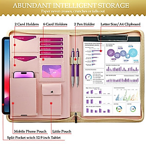 Darolin [Zippered] Portfolio Padfolio Organizer Binder with Clipboard, Leather Business Interview Resume Document Holder Folder Planner Organizer for Office Conference Notepad Bag for Women - RoseGold