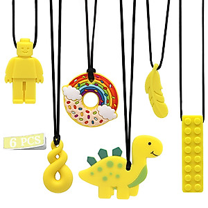 6 Pcs Sensory Chew Necklace for Autism, Teething, Anxiety, Biting Needs, Sore Gums Pain Relief, ADHD, Silicone Chewy Teether Oral Motor Chewing Pendant Toys with Adjustable Buckle for Girls Boys