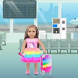 Doll Clothes and Accessories Travel Suitcase Playset for 18 Inch Girl Doll with Dolls Clothes, Backpack, Camera, Ipad, Phone, Sunglasses, Shoes, Gift for 3 to 7 Year Olds