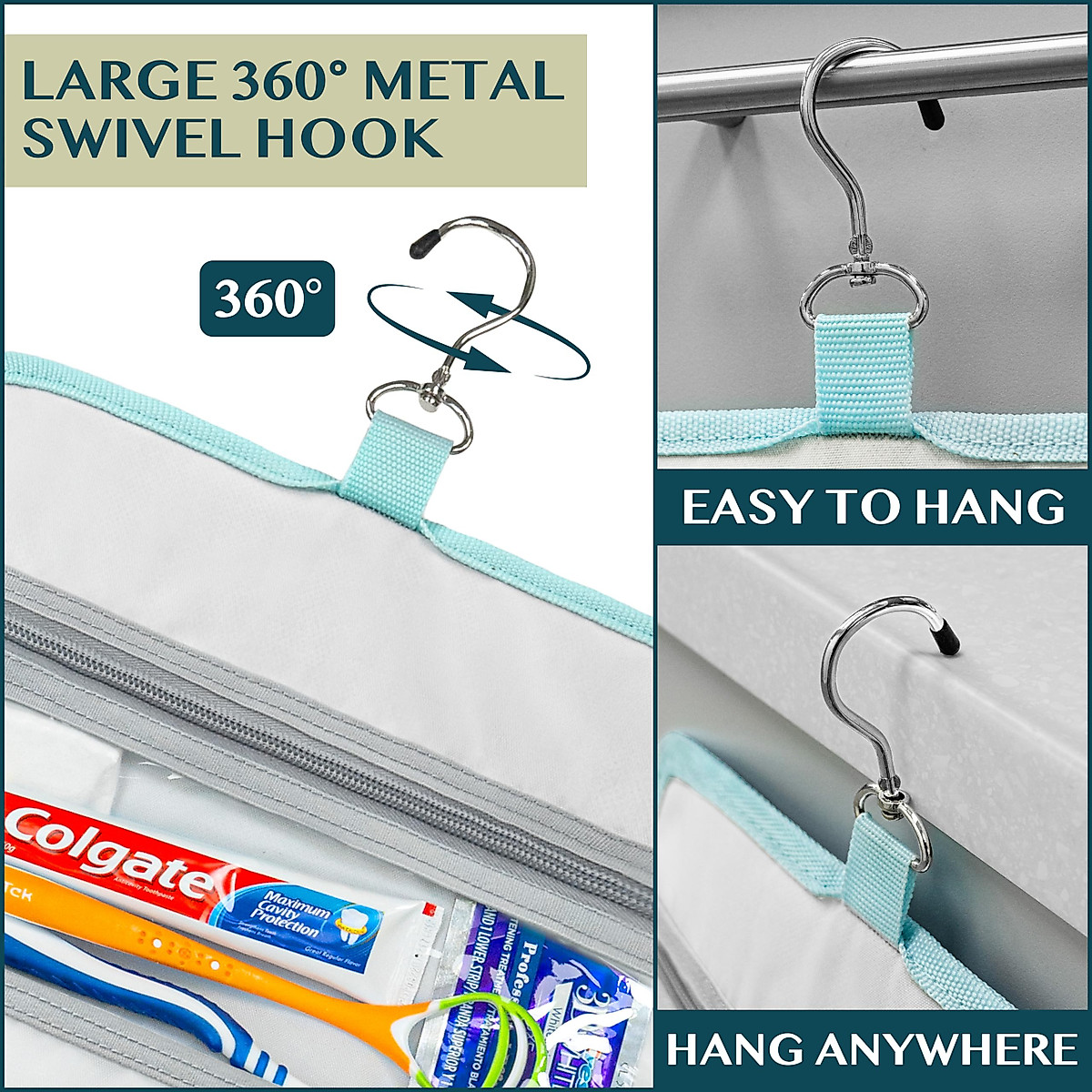 PAVILIA Travel Hanging Toiletry Bag for Women Men, Extra Large Capacity Makeup Bag Kit, Waterproof Cosmetic Storage Organizer Case for Bathroom Shower, Teal Chevron